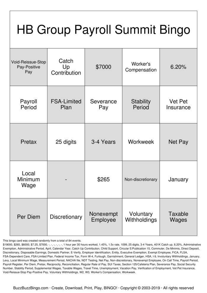 PAYROLL Bingo Cards to Download, Print and Customize!