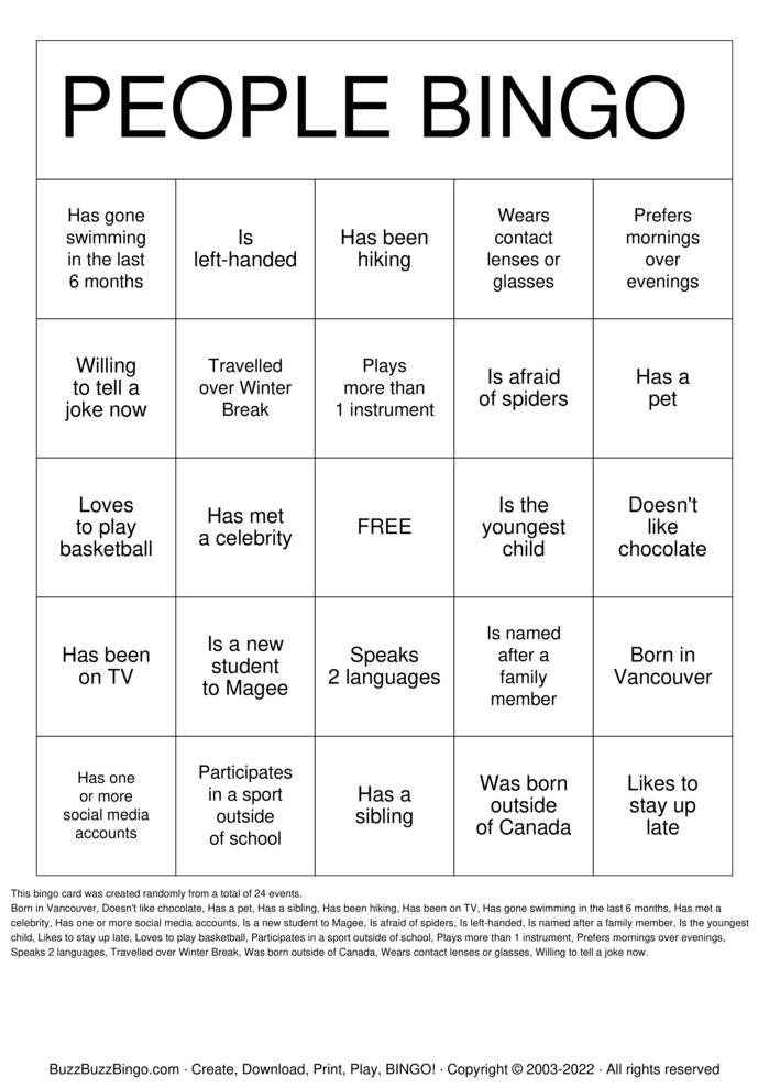People Bingo Bingo Cards to Download, Print and Customize!