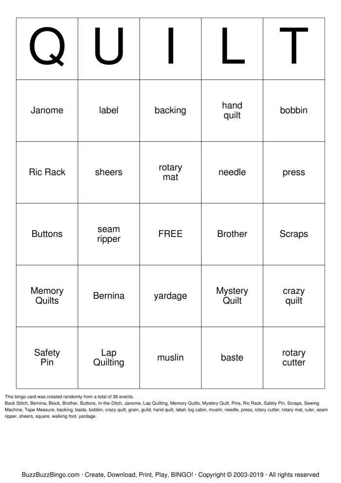QUILT Bingo Cards to Download, Print and Customize!