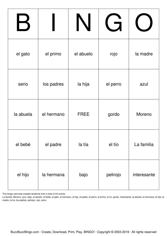 Spanish Family Words Bingo Cards to Download, Print and Customize!