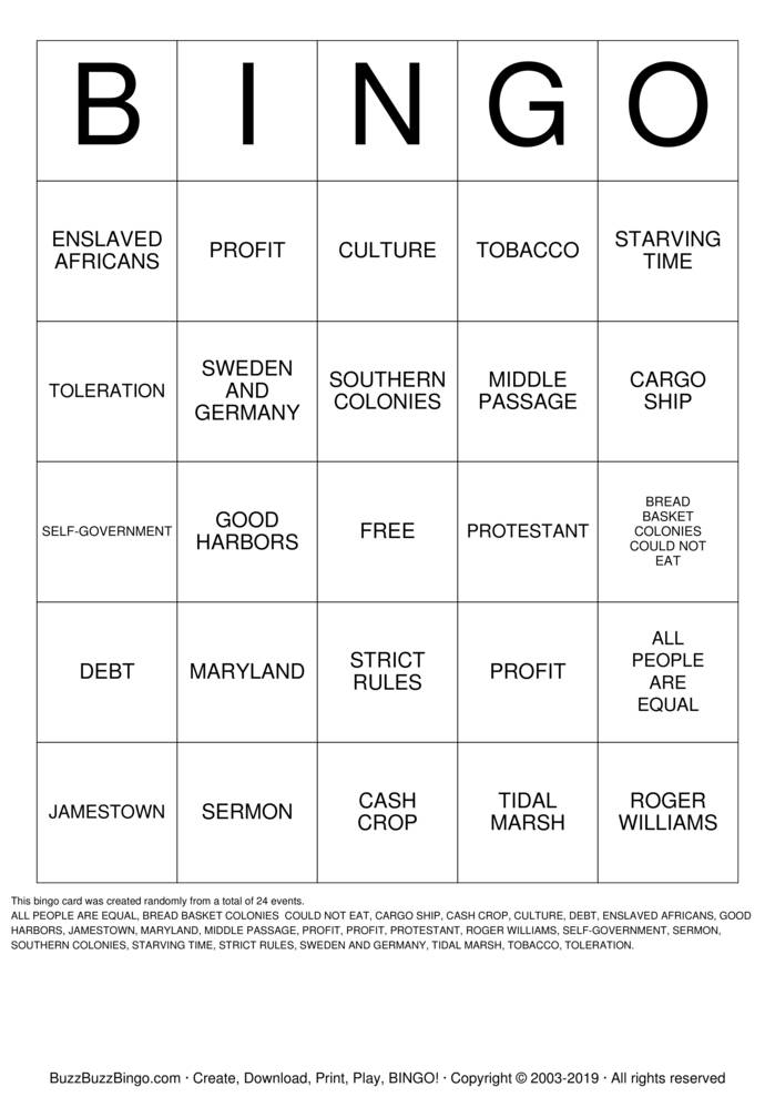 13 Colonies Bingo Cards to Download, Print and Customize!