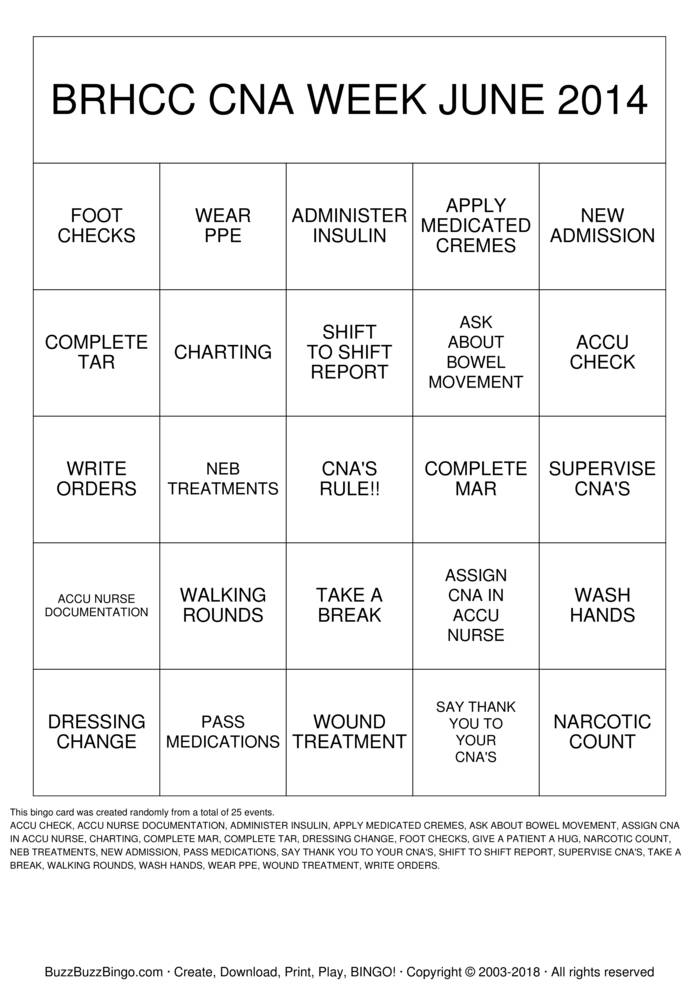 CNA WEEK 2018 Bingo Cards to Download, Print and Customize!