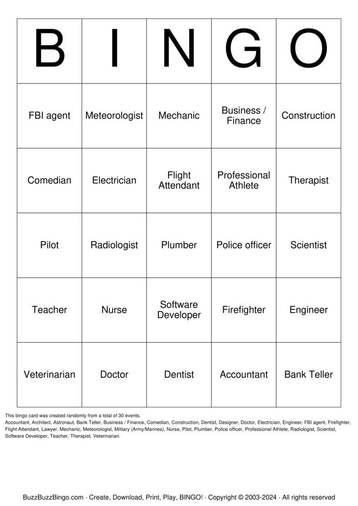 Career Day Bingo Bingo Cards to Download, Print and Customize!