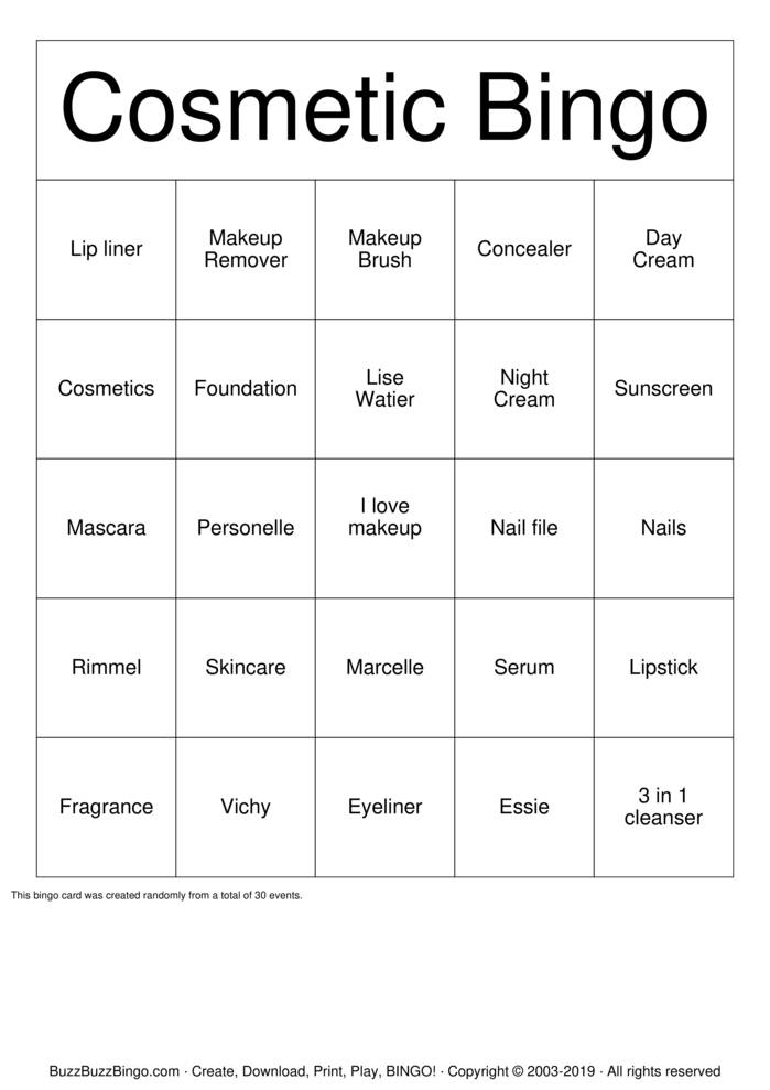 Cosmetic Bingo Bingo Cards to Download, Print and Customize!
