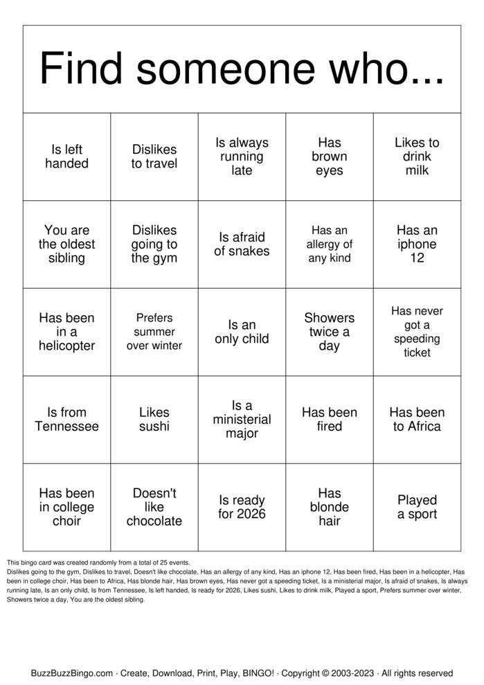 Find Someone Who... Bingo Cards to Download, Print and Customize!