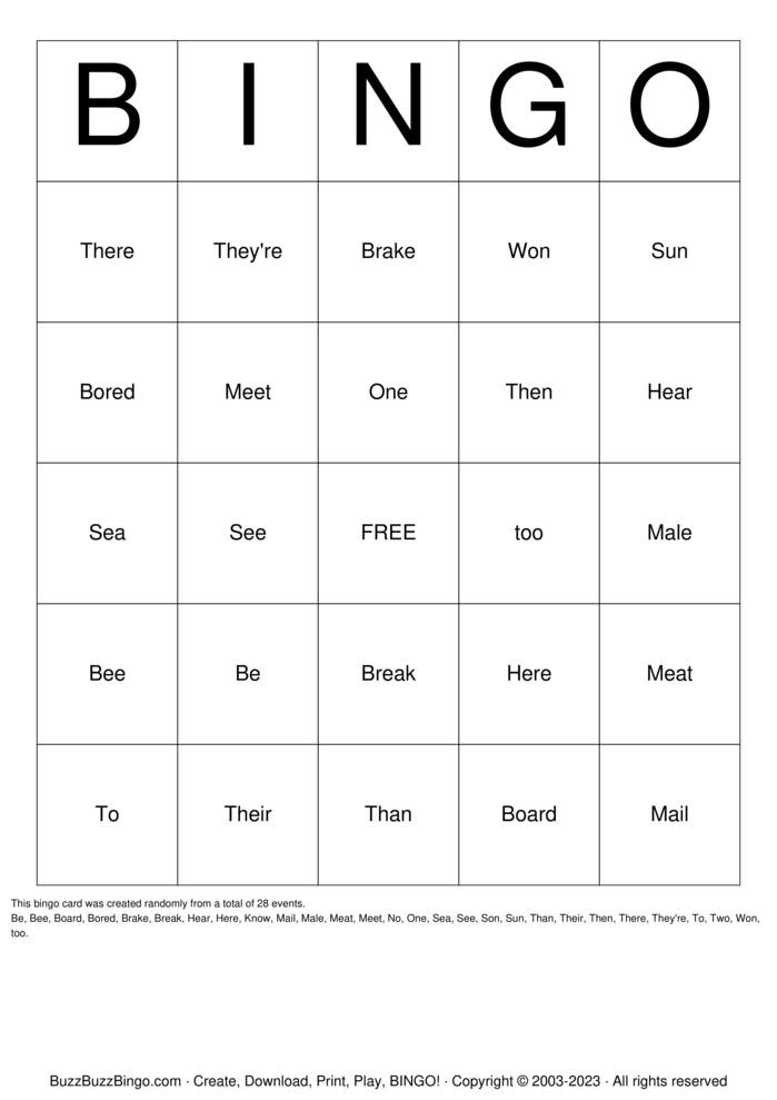 Homophone Words Bingo Cards to Download, Print and Customize!