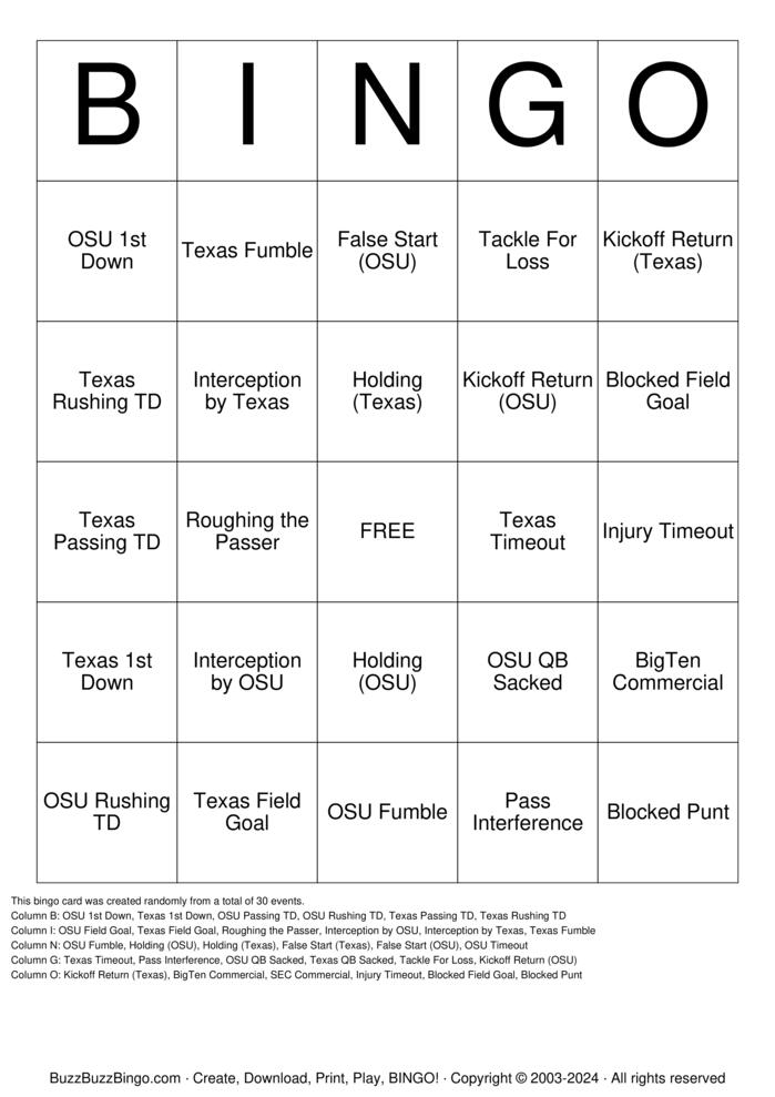 Ohio State vs Texas Bingo Cards to Download, Print and Customize!
