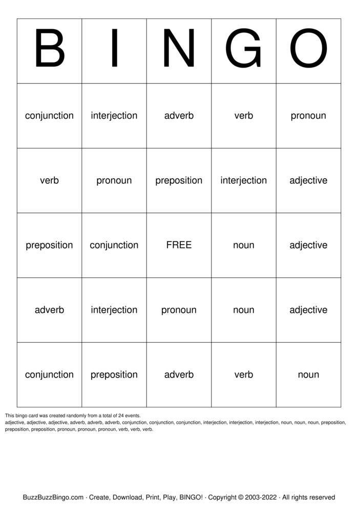 Parts of Speech Bingo Cards to Download, Print and Customize!