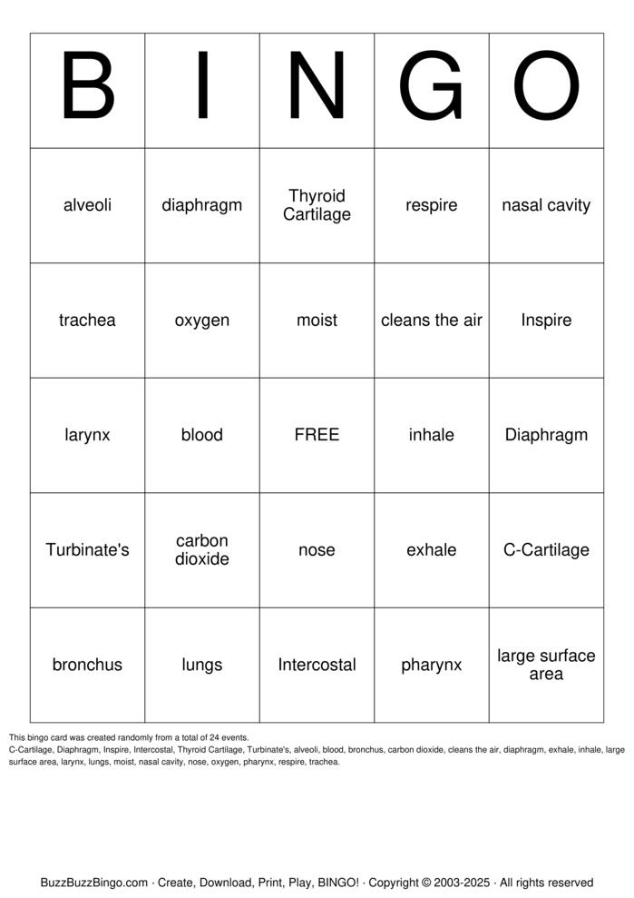 Respiratory System Bingo Cards to Download, Print and Customize!