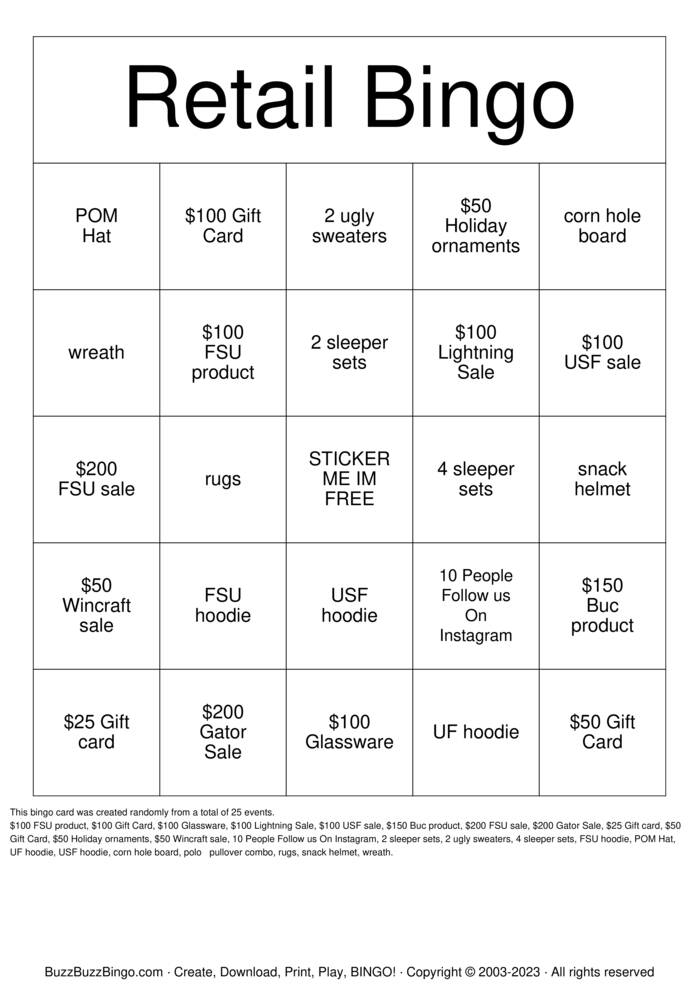 Retail Bingo Cards to Download, Print and Customize!