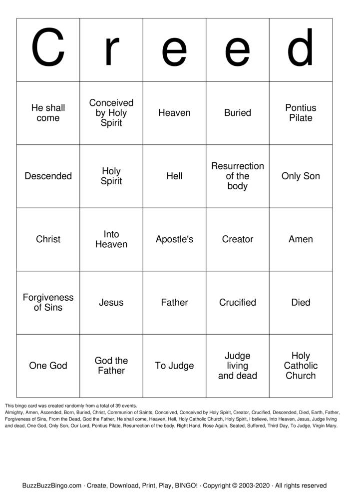THE APOSTLES' CREED Bingo Cards to Download, Print and Customize!