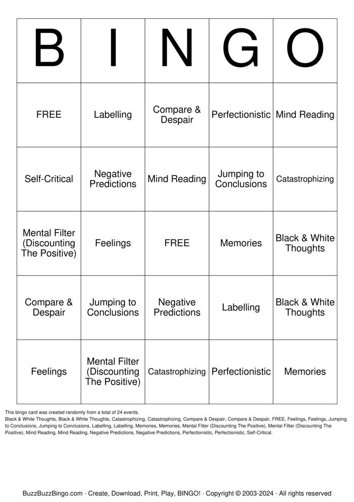 Unhelpful Thinking Styles Bingo Cards to Download, Print and Customize!