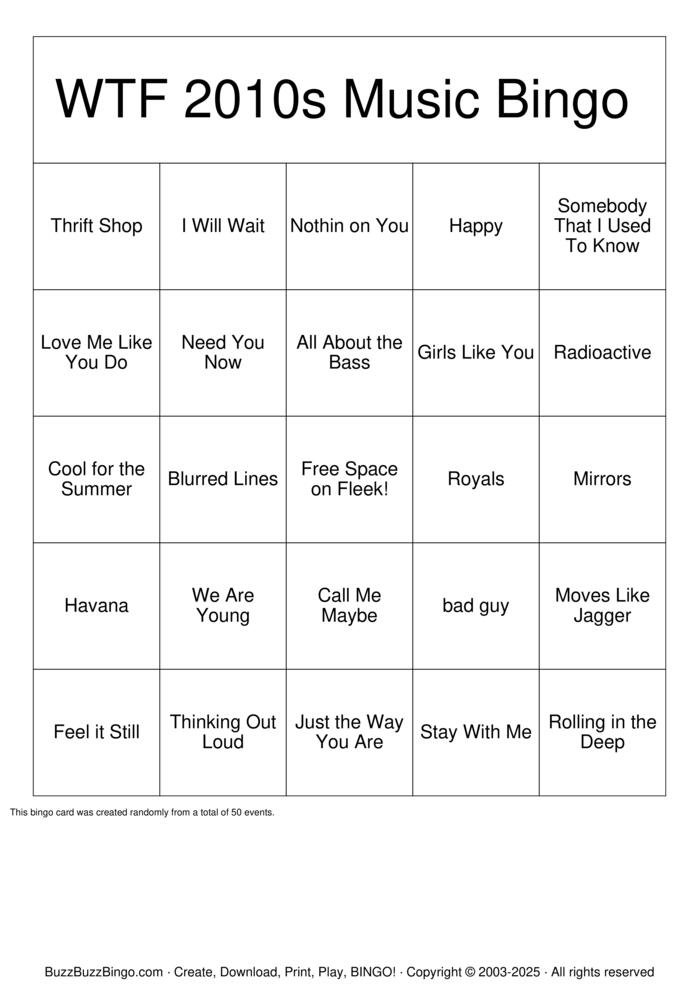 WTF 2010s Bingo Extra Bingo Cards to Download, Print and Customize!