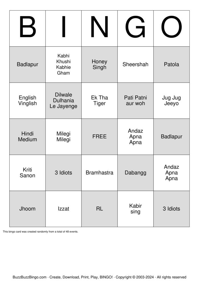 BollyWood Bingo Bingo Cards to Download, Print and Customize!