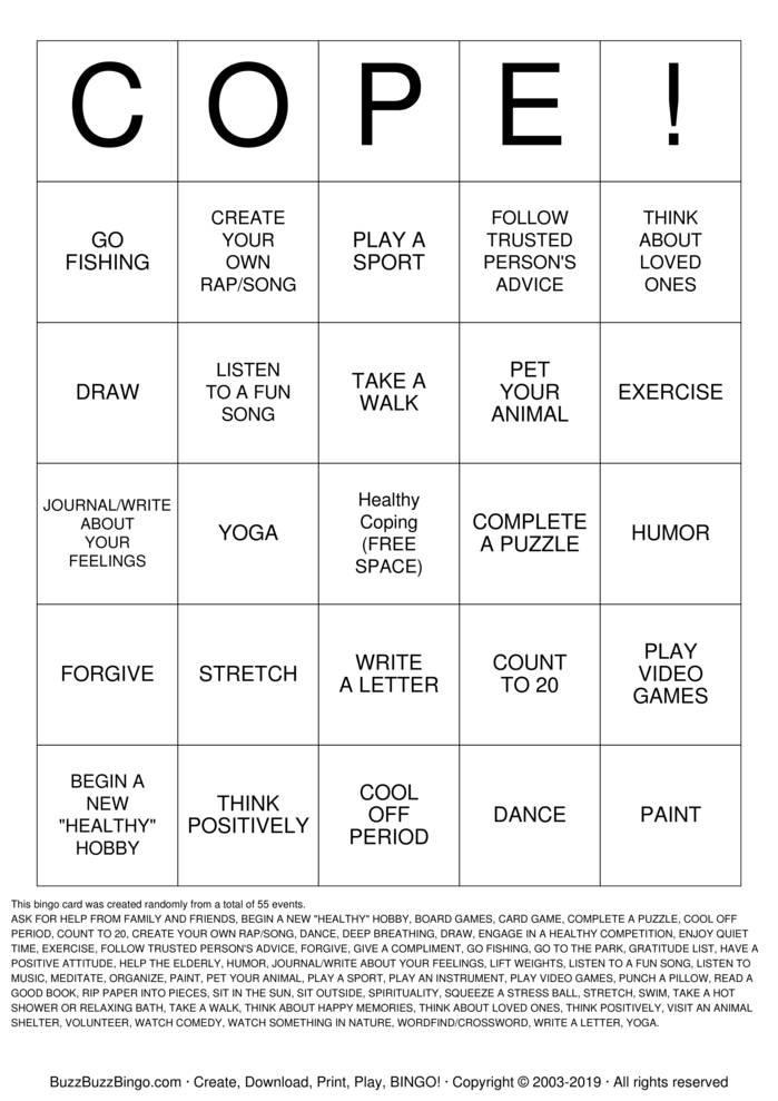 Coping Skills Bingo Cards to Download, Print and Customize!