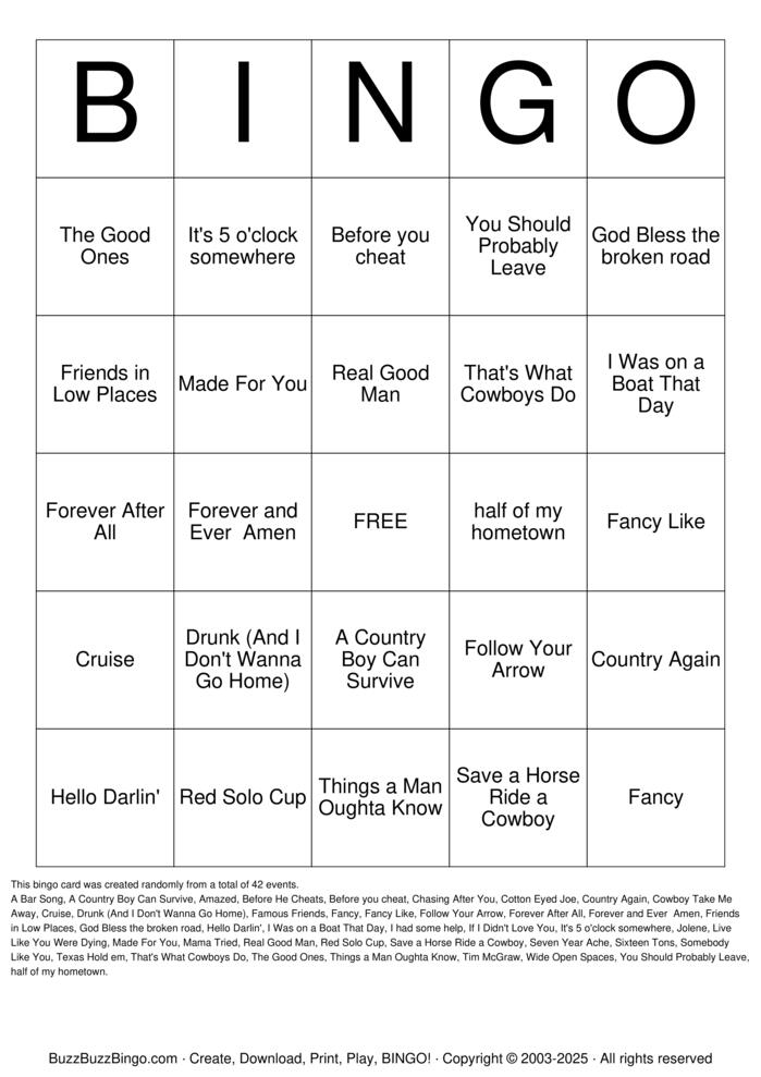 Country Songs Bingo Cards to Download, Print and Customize!