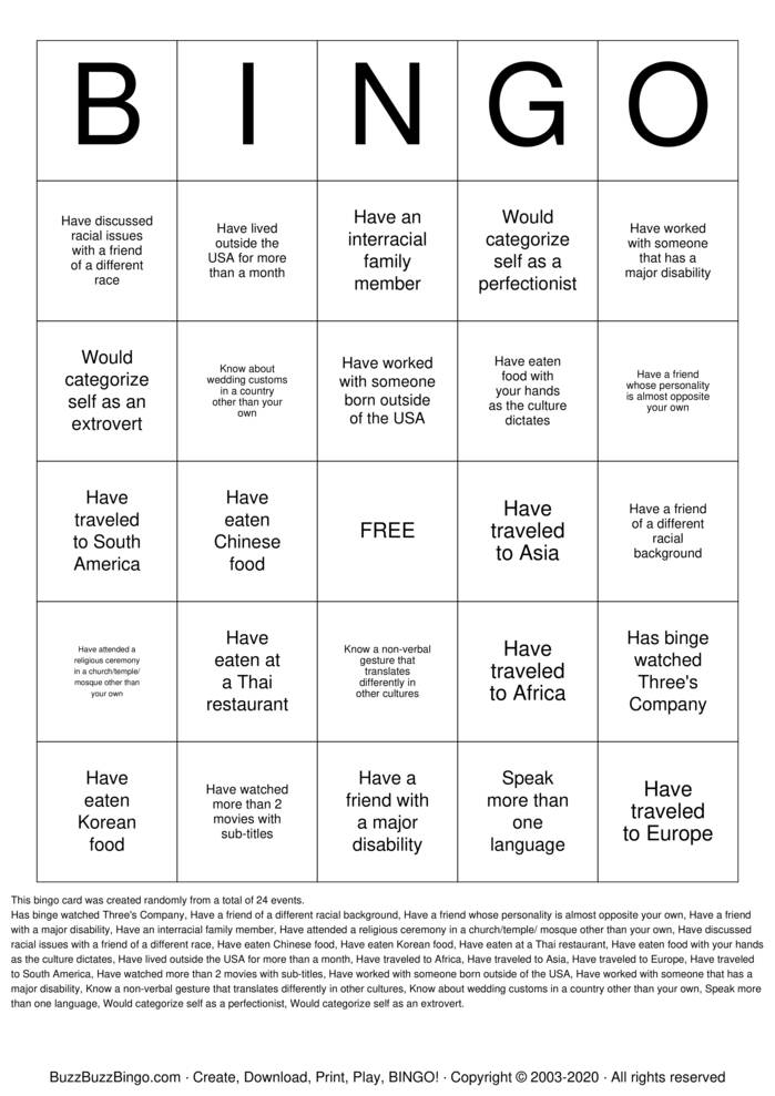 Cultural Diversity Bingo Cards to Download, Print and Customize!