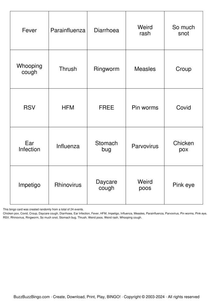 Daycare Illness Bingo Cards to Download, Print and Customize!