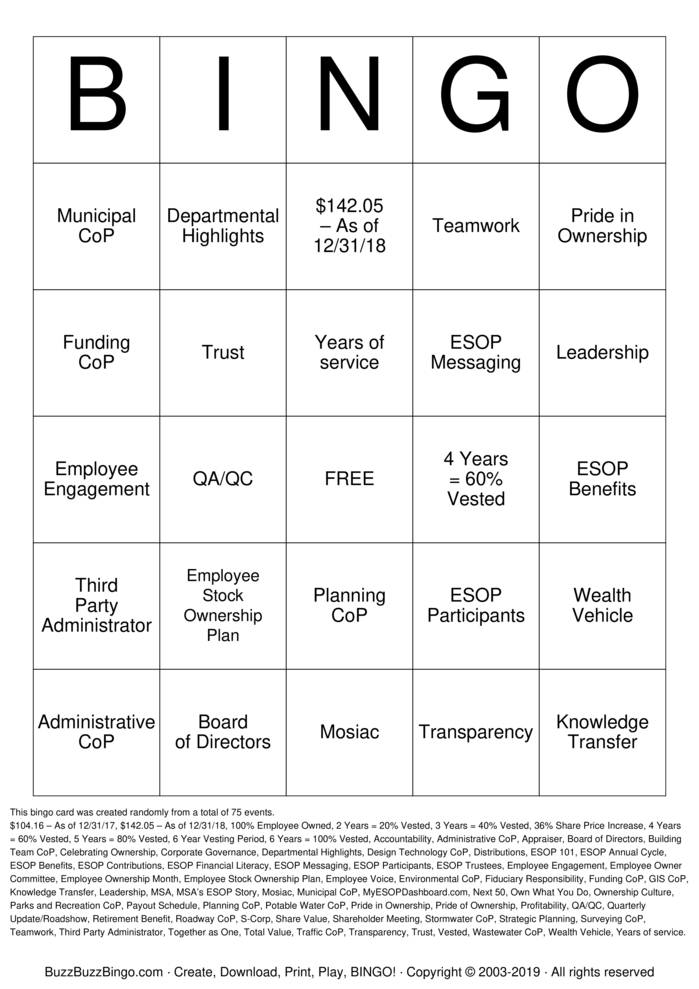 ESOP Bingo Bingo Cards to Download, Print and Customize!