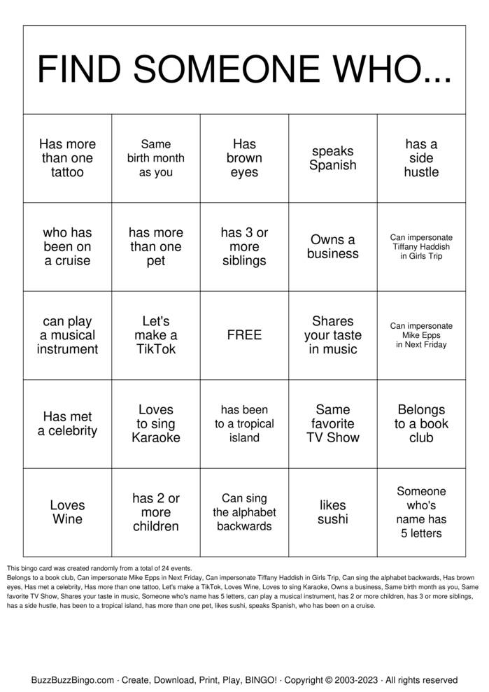 Find Someone Who... Bingo Cards to Download, Print and Customize!