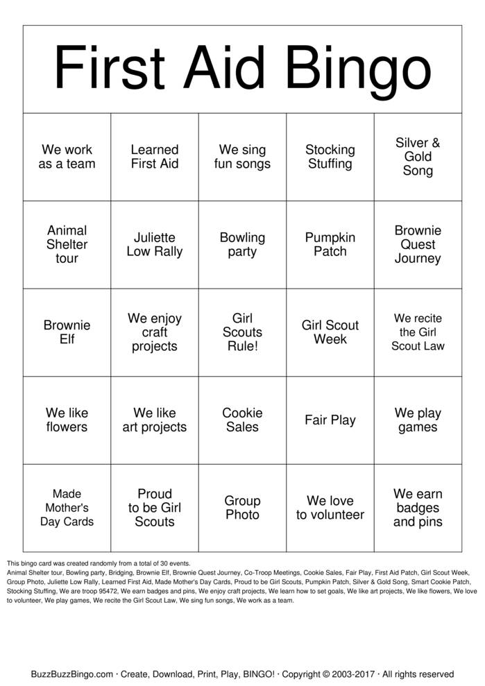 Frist Aid Bingo Cards to Download, Print and Customize!