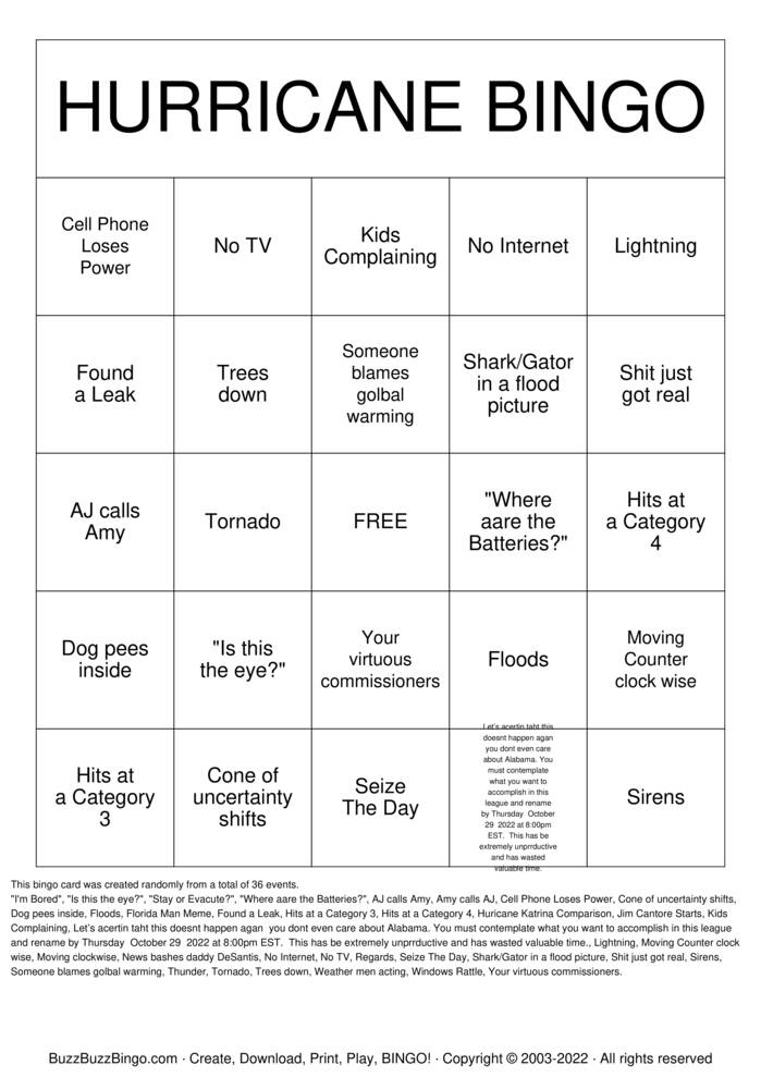 HURRICANE IAN BINGO Bingo Cards to Download, Print and Customize!