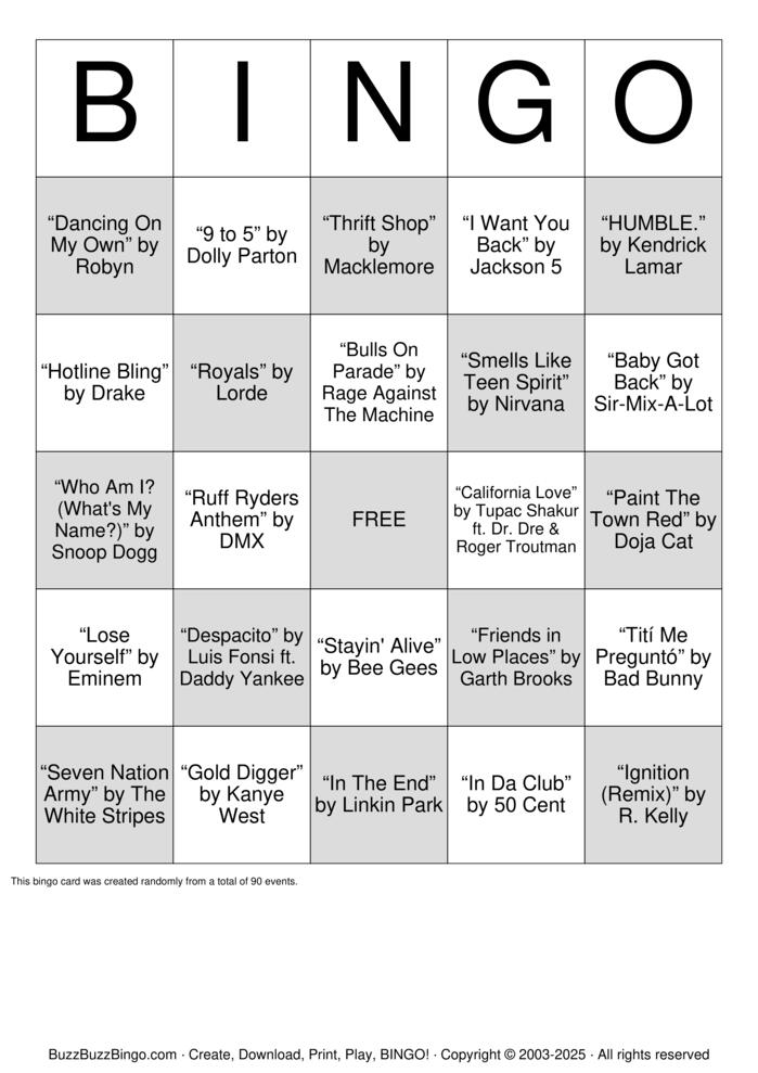 Music Bingo (Bangers Only - 1) Bingo Cards to Download, Print and ...