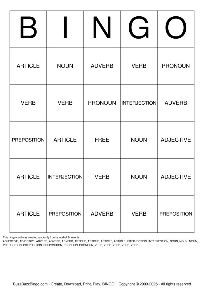 Parts of Speech Bingo Cards to Download, Print and Customize!