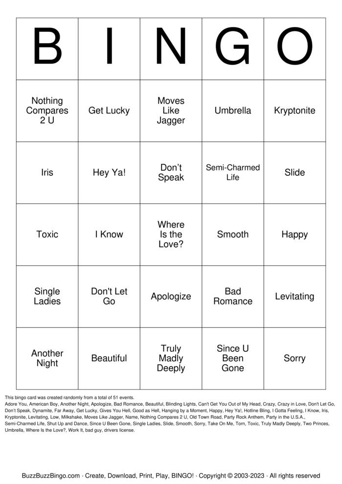 Pop Songs Bingo Cards to Download, Print and Customize!
