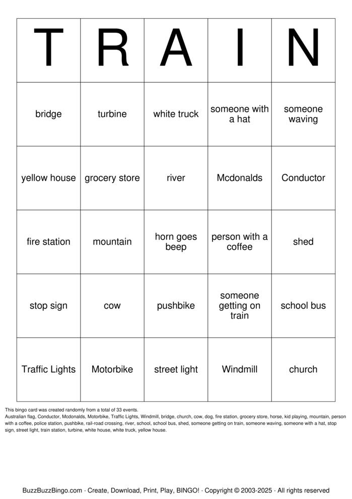 TRAIN Bingo Cards to Download, Print and Customize!