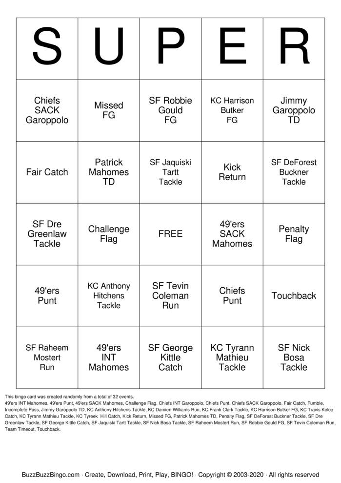 2020 Superbowl SF vs KC Bingo Cards to Download, Print and Customize!