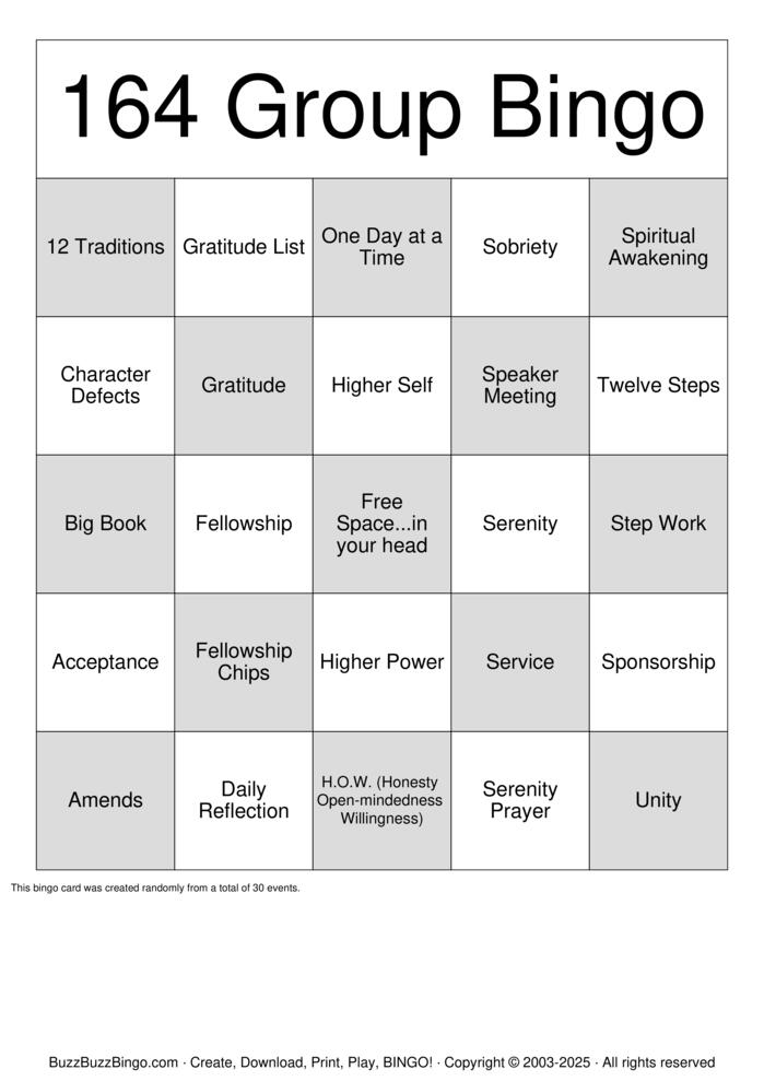 Alcoholics Anonymous Bingo Cards to Download, Print and Customize!