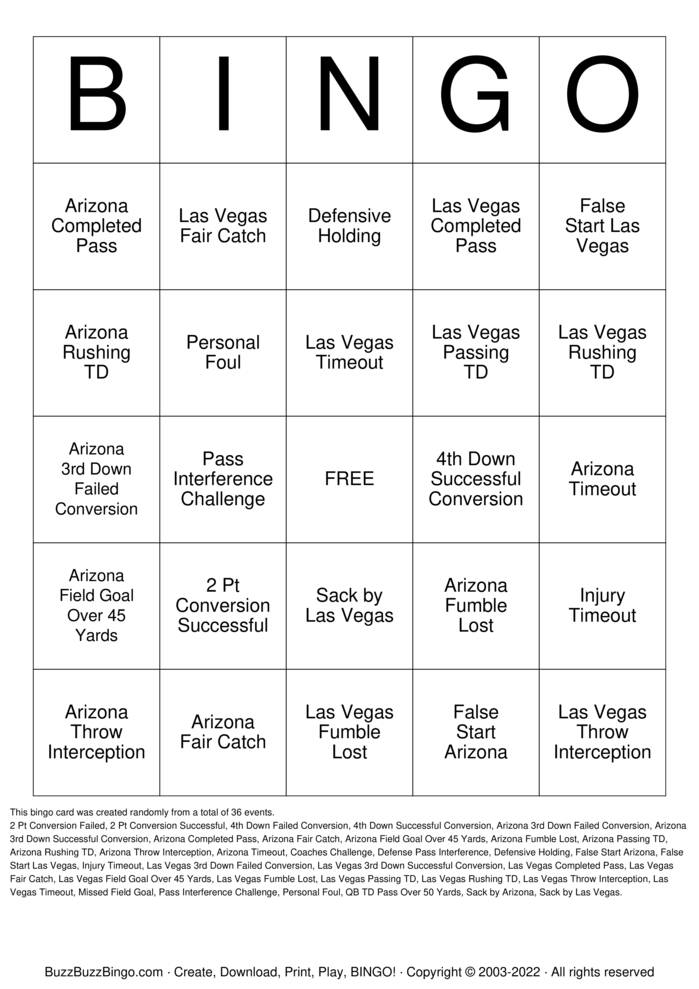 Arizona vs Las Vegas Football Bingo Cards to Download, Print and Customize!