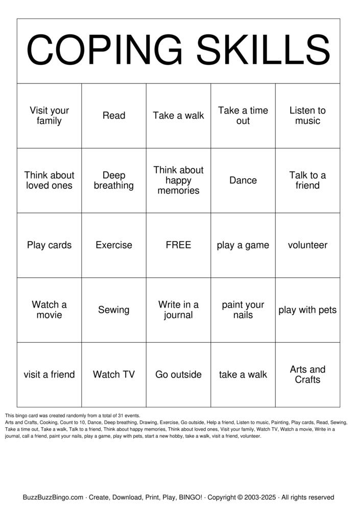 Coping Skills Bingo Cards to Download, Print and Customize!