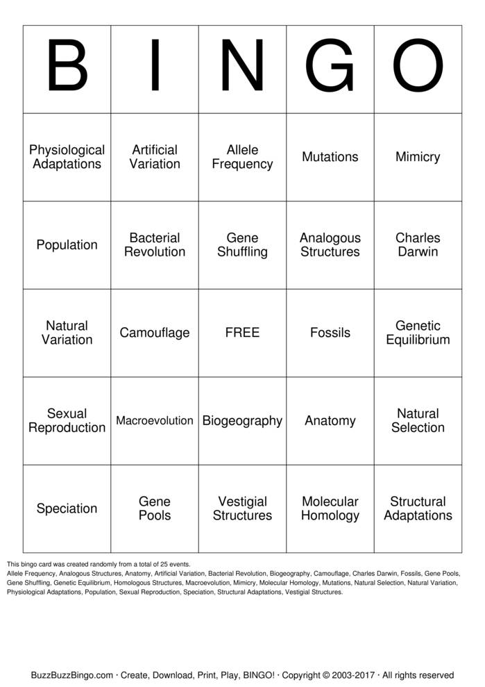 EVOLUTION BINGO GAME Bingo Cards to Download, Print and Customize!
