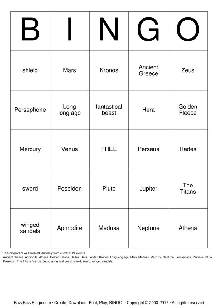Greek Mythology Bingo Cards to Download, Print and Customize!