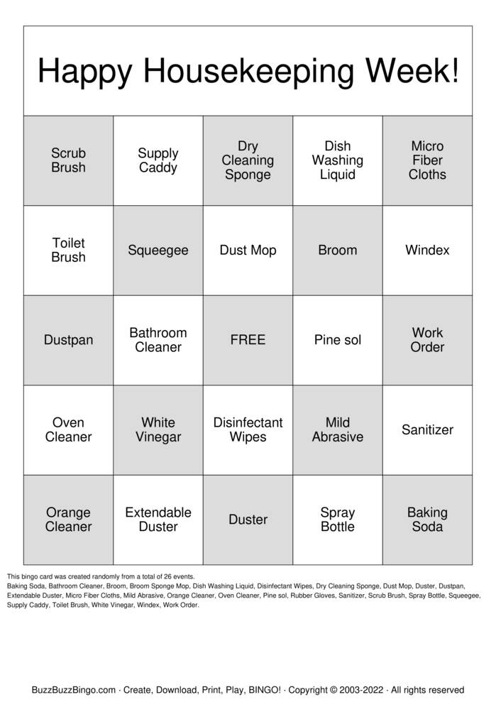 Housekeeping Bingo Cards to Download, Print and Customize!