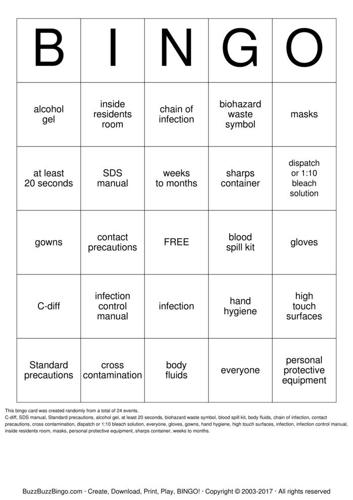Infection Control Bingo Bingo Cards to Download, Print and Customize!