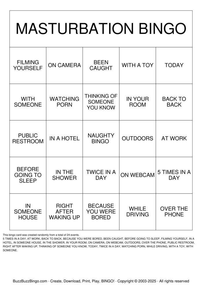 MASTURBATION BINGO Bingo Cards to Download, Print and Customize!