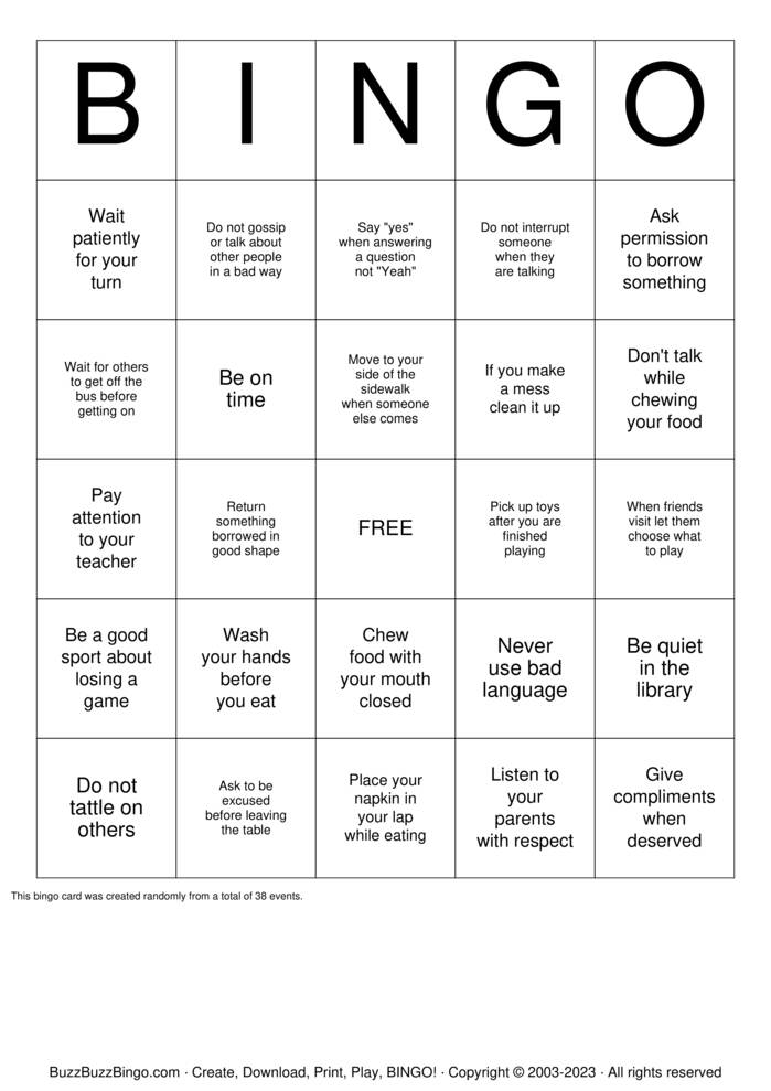 Manners Bingo Cards to Download, Print and Customize!