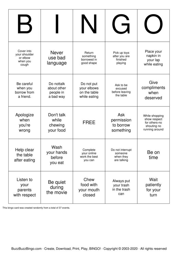 Manners Bingo Cards to Download, Print and Customize!