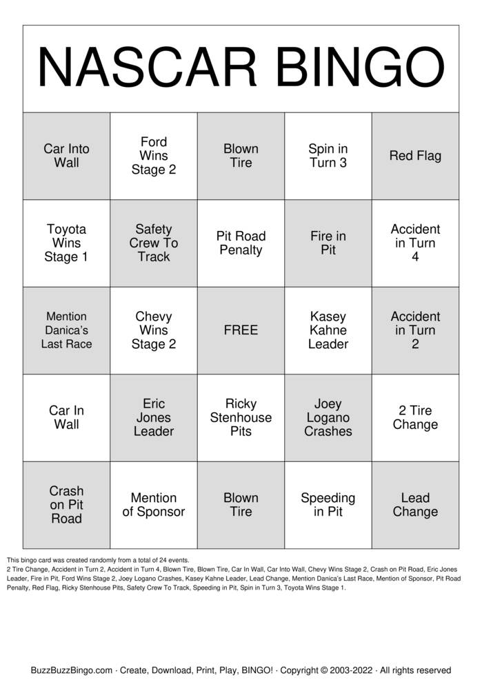 NASCAR Bingo Cards to Download, Print and Customize!