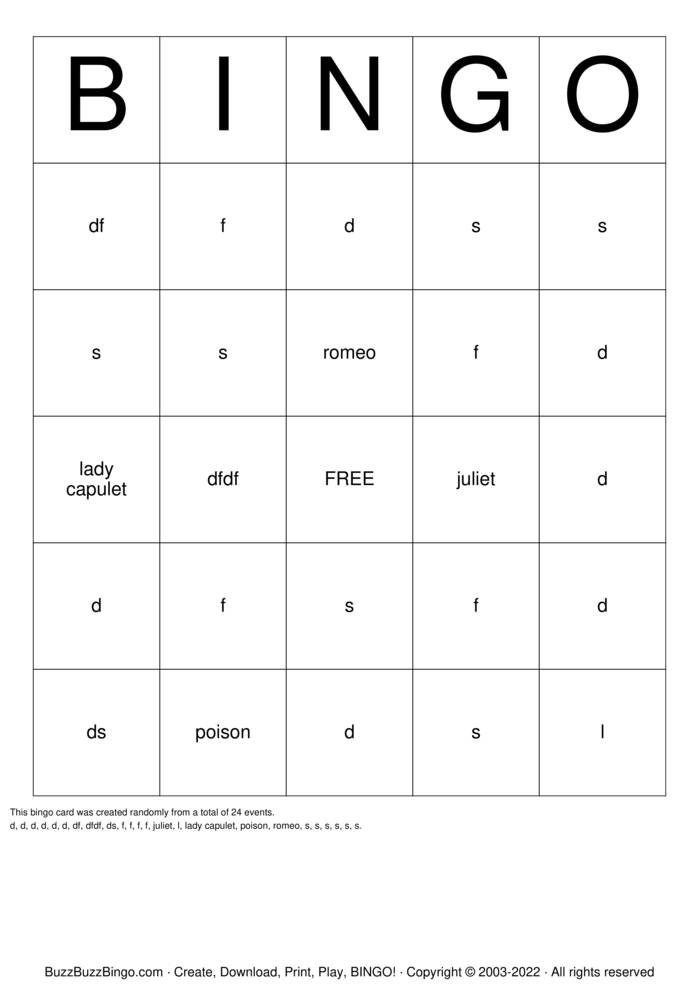 Romeo and Juliet Bingo Cards to Download, Print and Customize!