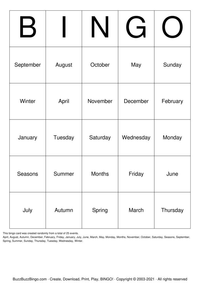 Seasons,Months and days Bingo Cards to Download, Print and Customize!