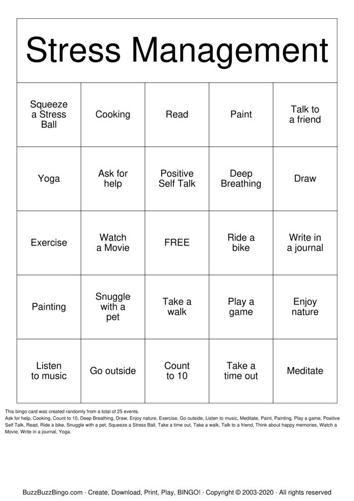 Stress Management Bingo Cards to Download, Print and Customize!