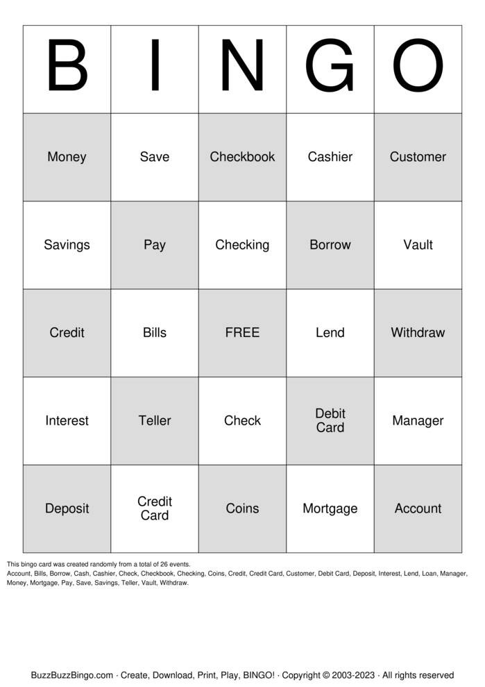 Bank Bingo Cards to Download, Print and Customize!