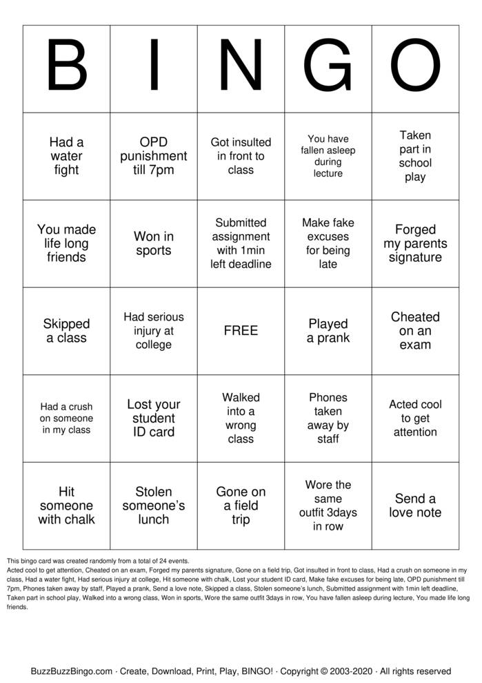College bingo Bingo Cards to Download, Print and Customize!