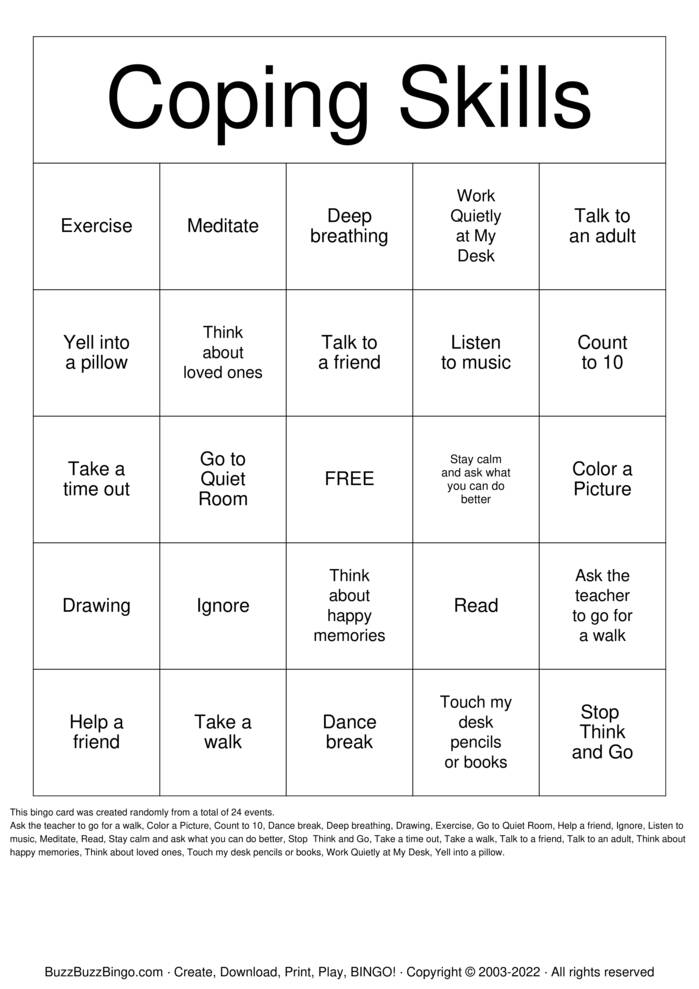 Coping Skills Bingo Cards to Download, Print and Customize!