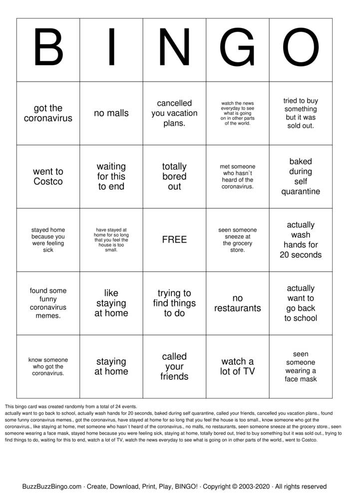 Corona Virus Bingo Cards to Download, Print and Customize!