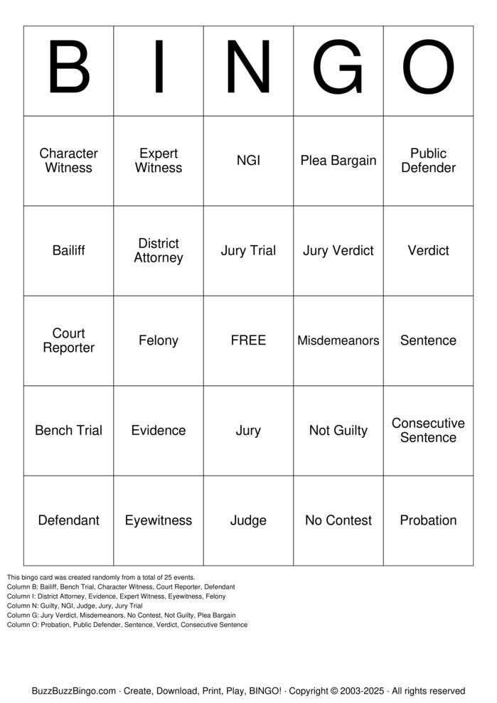 Court Competency Bingo Cards to Download, Print and Customize!